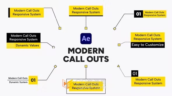Modern Call Outs 18种响应式线条呼出标题细节脚注引用文本AE模板 | CG资源网
